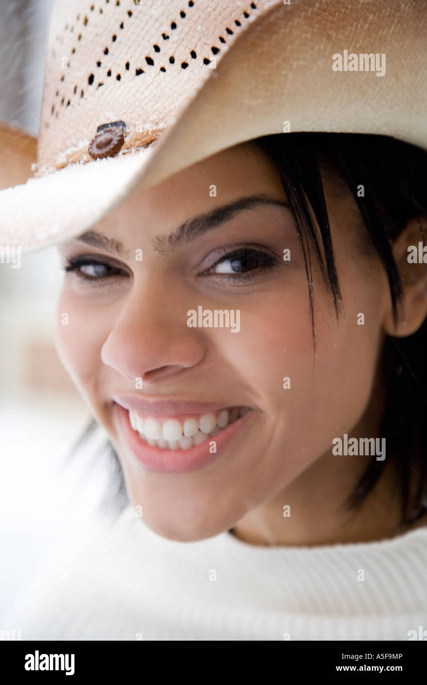 smiling woman with hat Stock Photo - Alamy