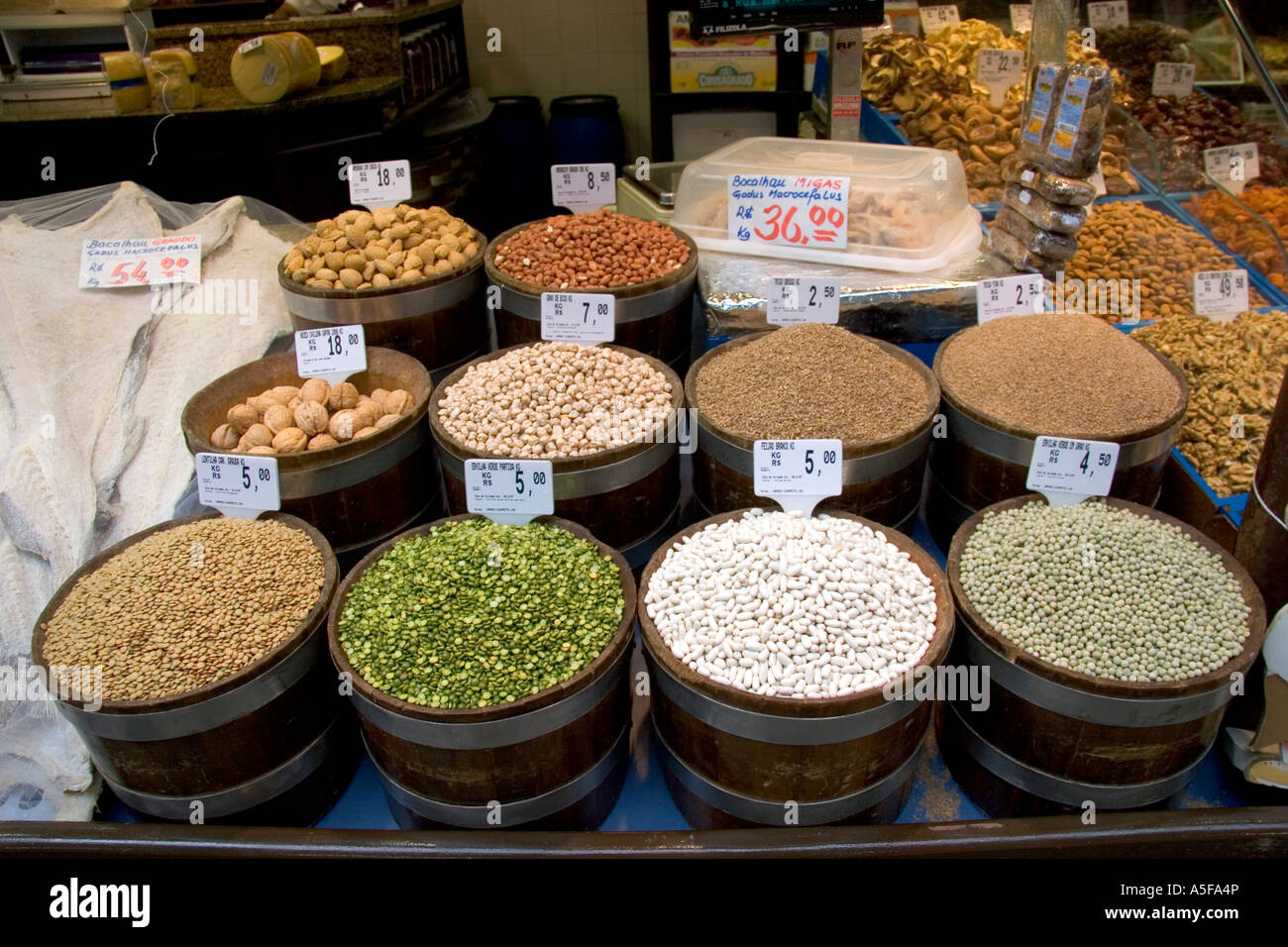 A variety of dried beans lentils and nuts being sold at the Mercado ...