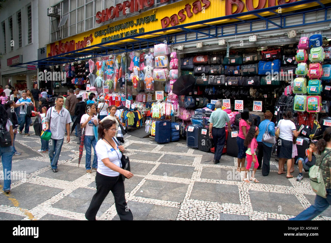 People and store fronts on a walking street in Sao Paulo Brazil Stock ...