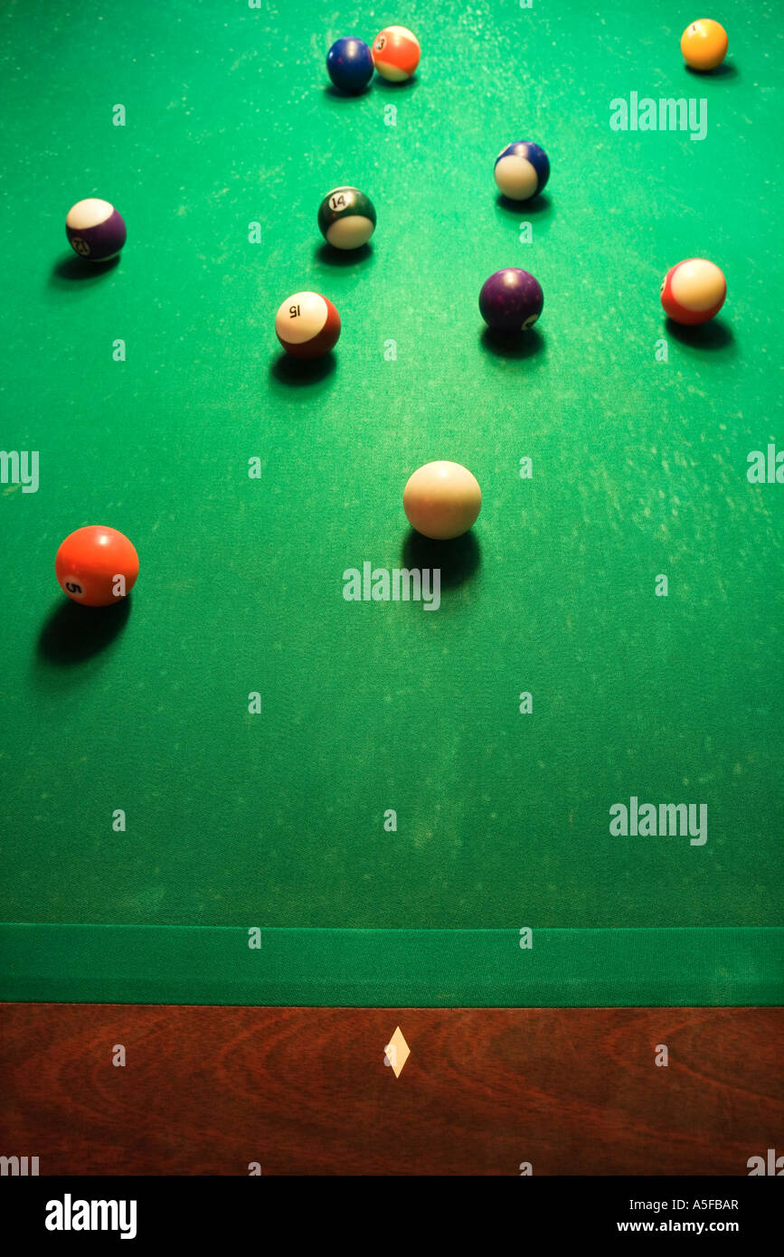 Green billiards table with pool balls spread out Stock Photo - Alamy