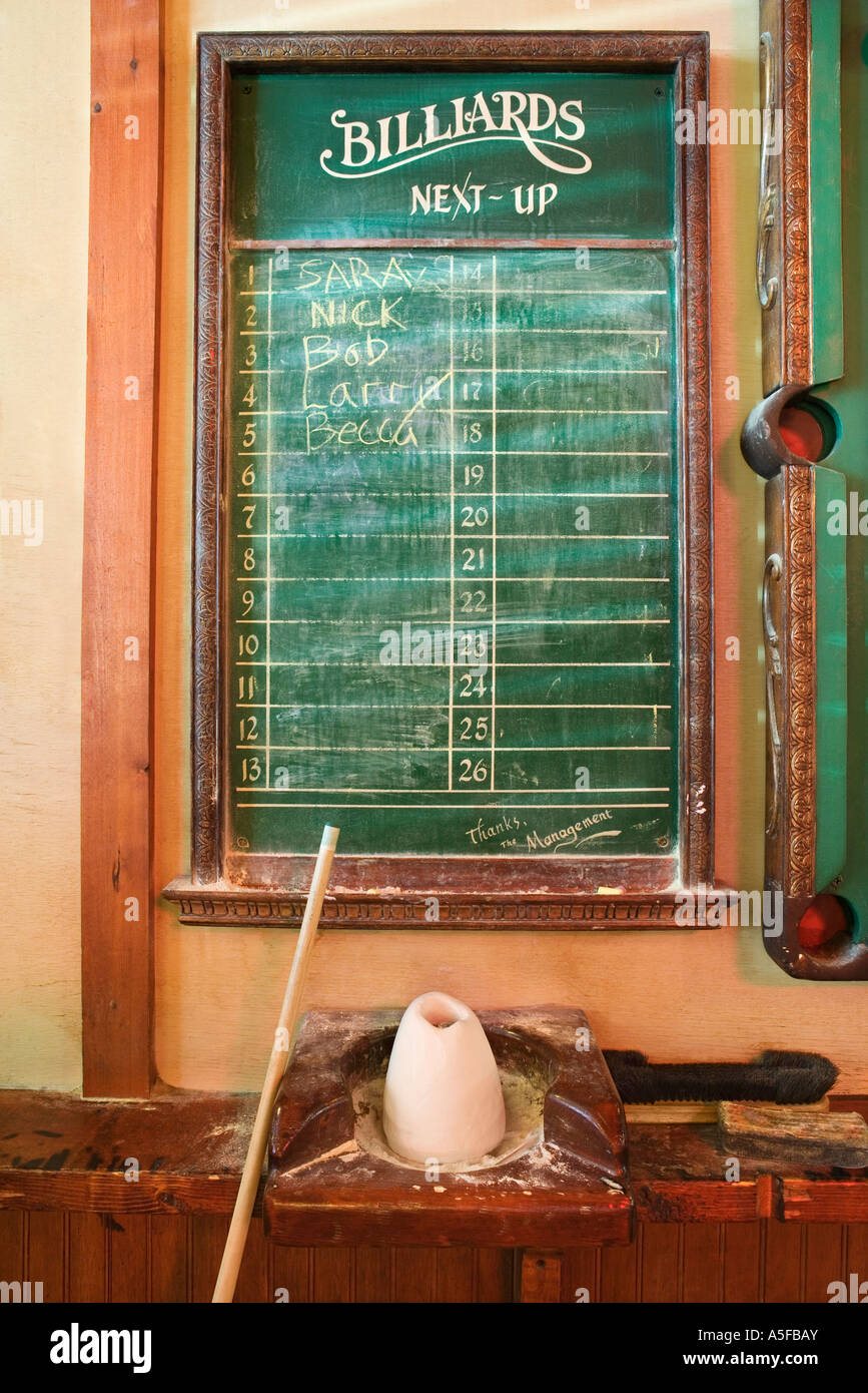 Chalkboard queue for people waiting to play billiards in nightclub with ...