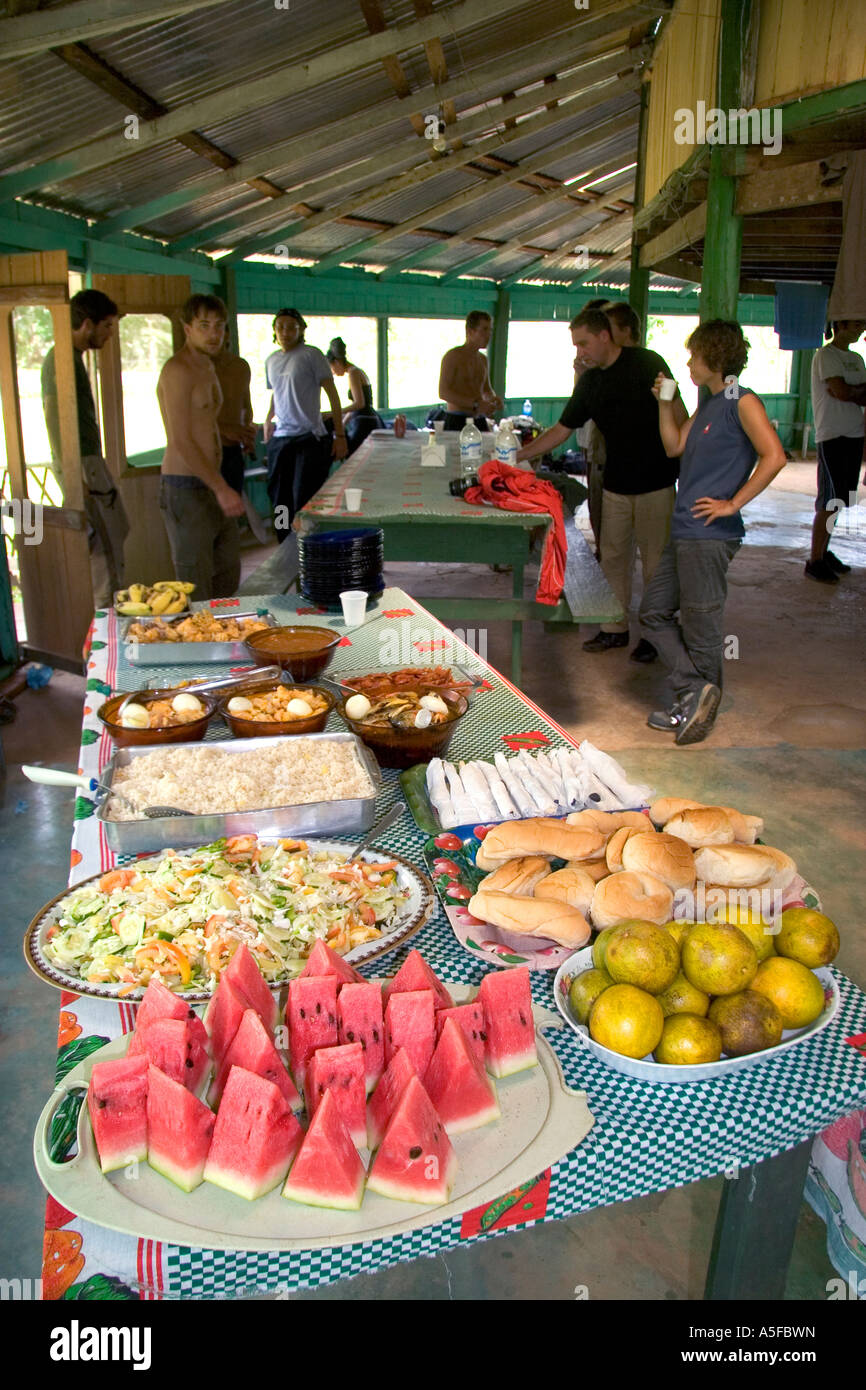 Buffet food being served to guests at a lodge in the Amazon jungle near ...