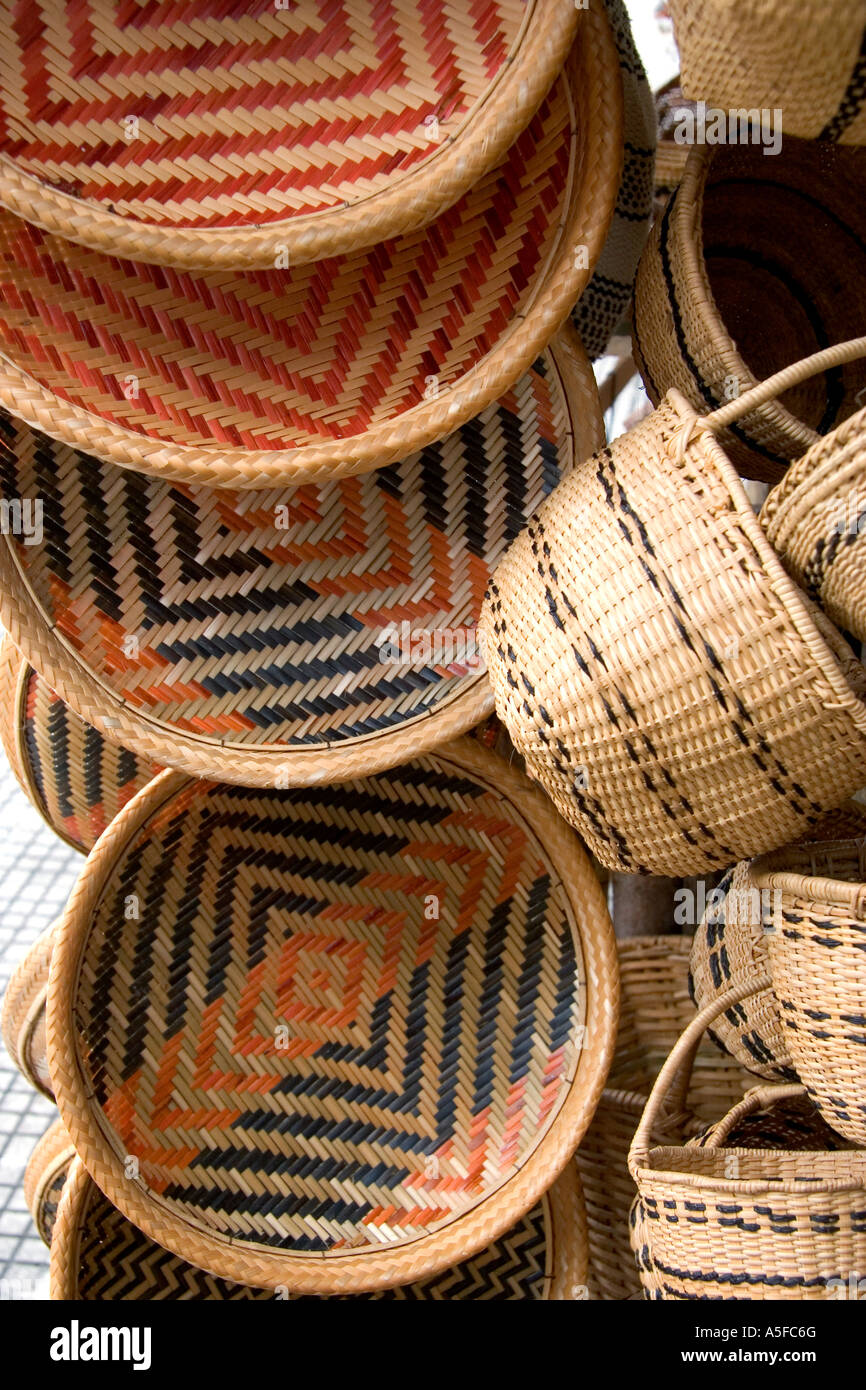 Amazon Indian made baskets being sold at an outdoor market in Manaus ...