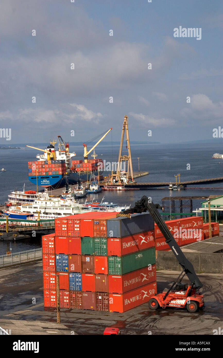 Container ship and containers at the port in Manaus Brazil Stock Photo ...