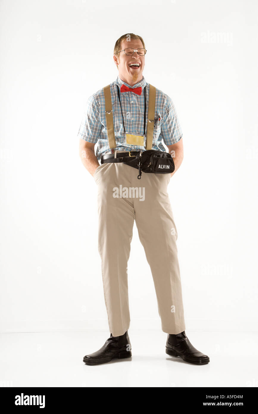 Caucasian young man dressed like nerd smiling with eyes closed Stock ...