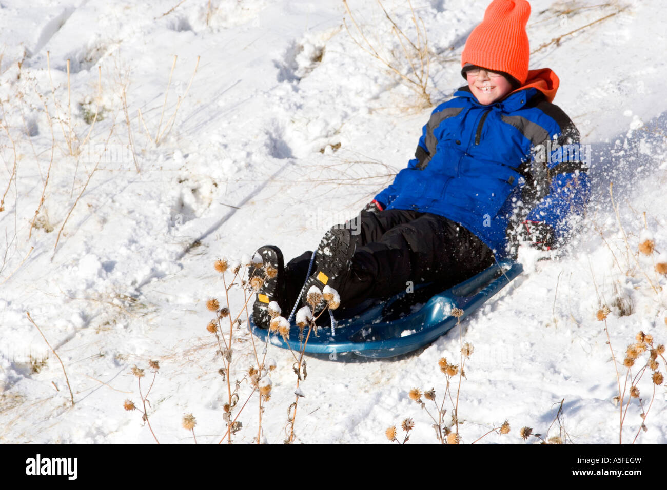 Boy sledding down a snow coverd hill in Idaho Stock Photo - Alamy