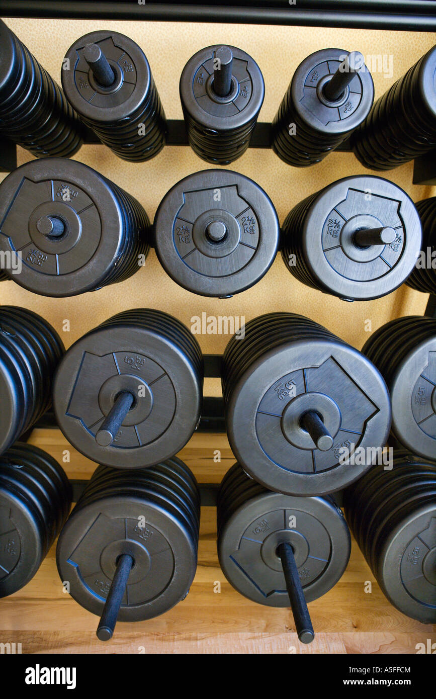 Stacks of barbell weights at gym Stock Photo - Alamy
