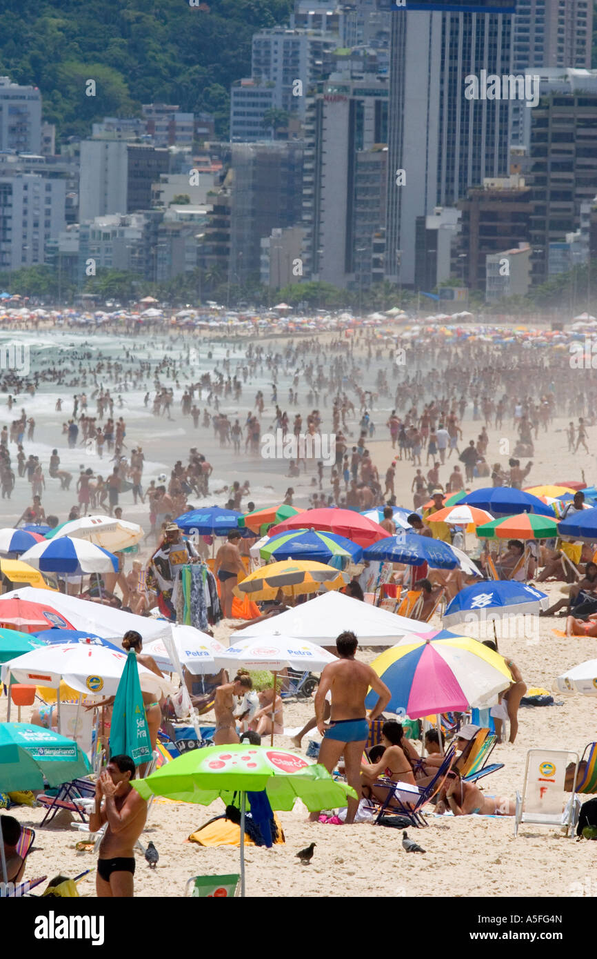 Crowded beach scene at the Copacabana Beach in Rio de Janeiro Brazil ...