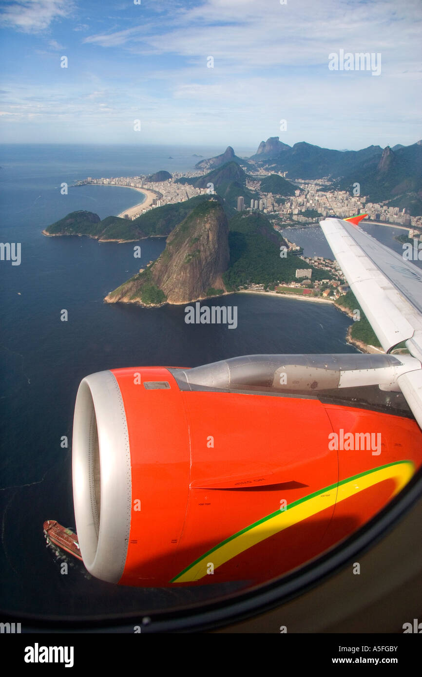 View of Rio de Janeiro and jet engine from an airliner in Brazil Stock ...