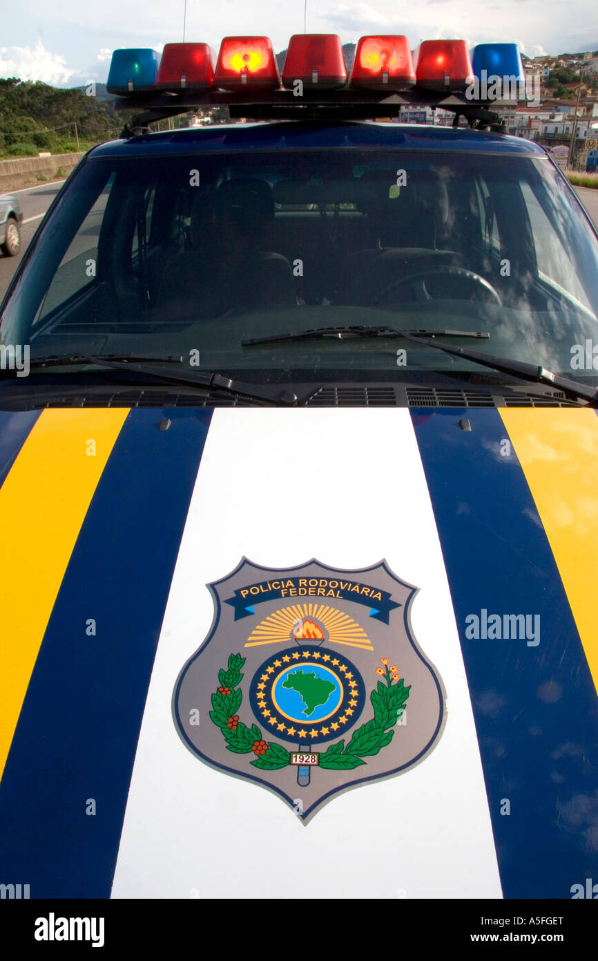 Brazilian federal highway police car at the scene of a traffic accident ...
