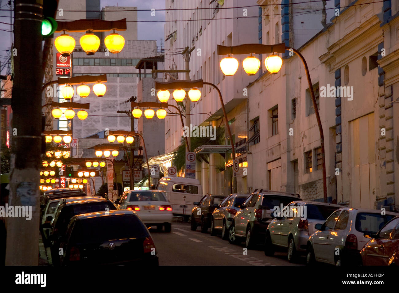 Street lights at night in the Liberdade asian section of Sao Paulo ...