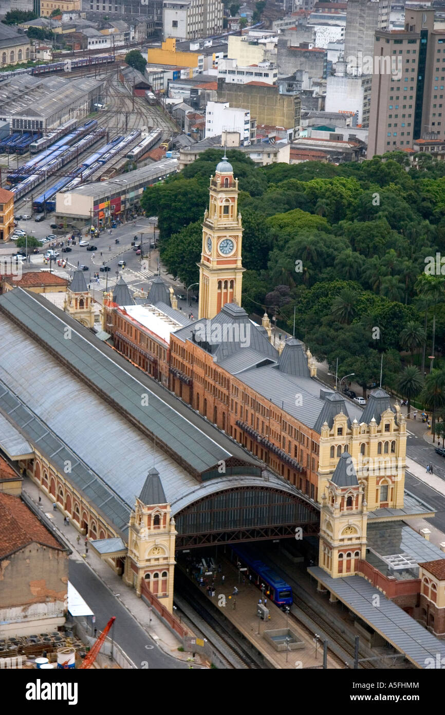 Aerial view of a clock tower on Estacion Luz train station in Sao Paulo ...