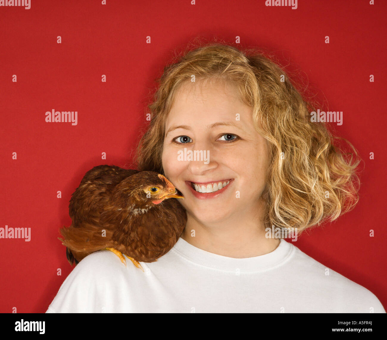 Caucasian mid adult woman with chicken on shoulder Stock Photo - Alamy