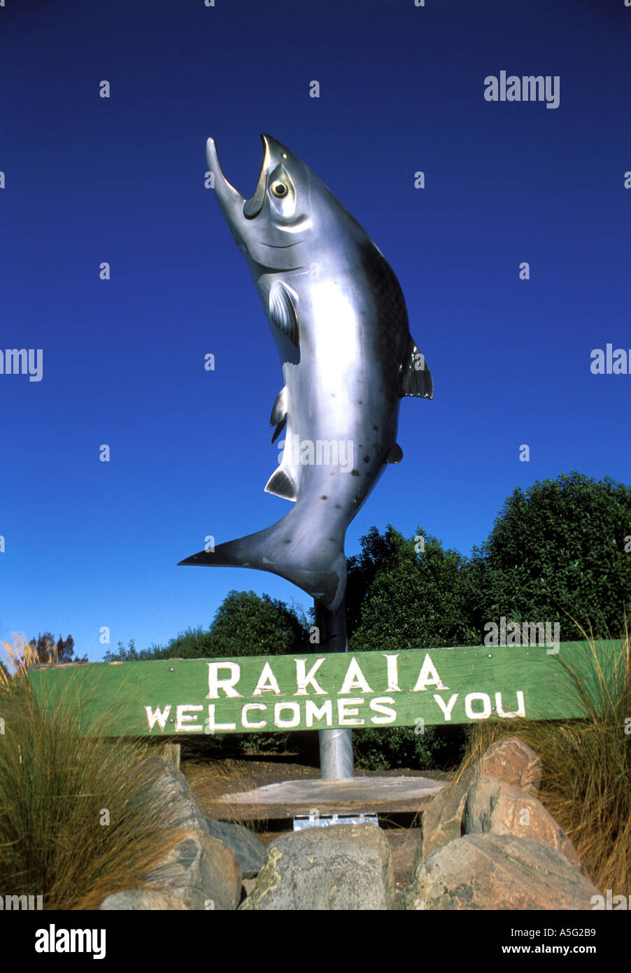 New Zealand South Island Rakaia Trout symbol for town Stock Photo - Alamy