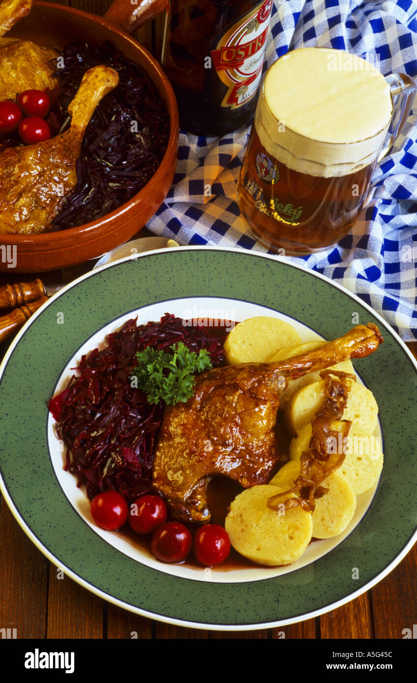 Roast duck red cabbage and potato dumplings Czech Republic Stock Photo ...