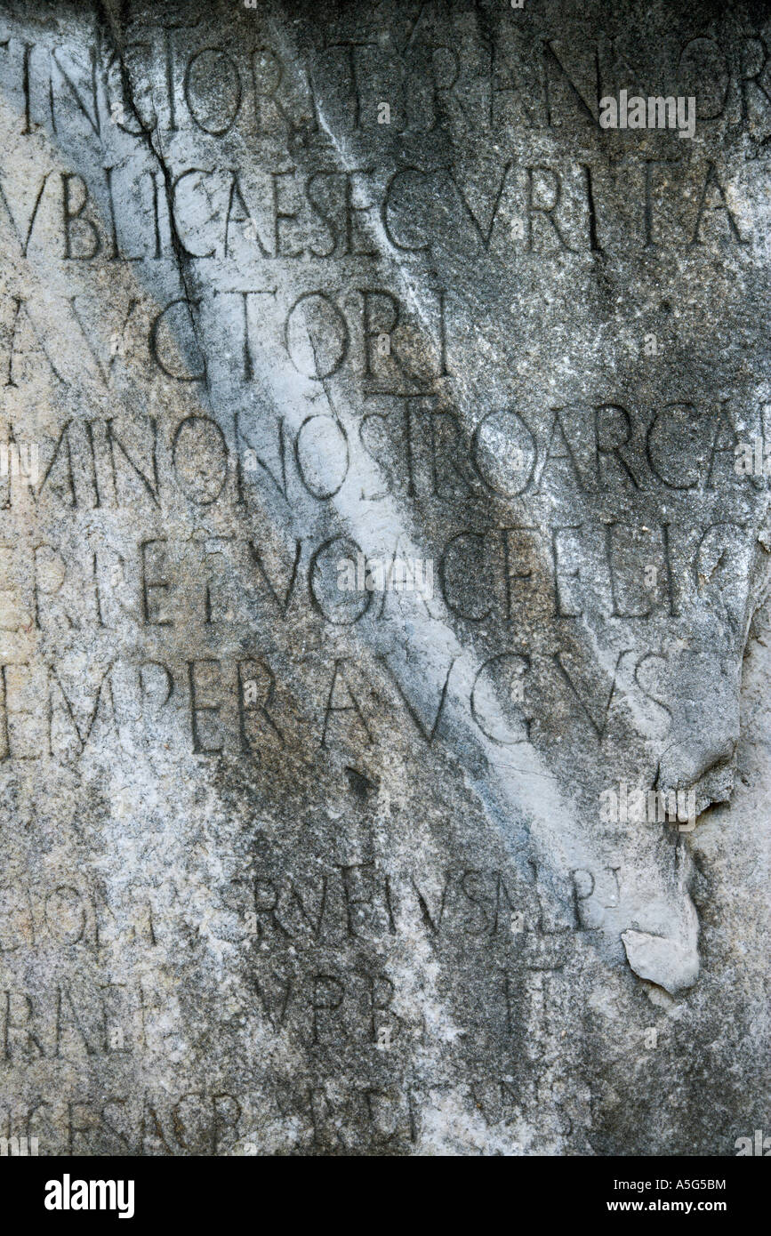 Close up of script engraved into stone at the Roman Forum in Rome Italy ...