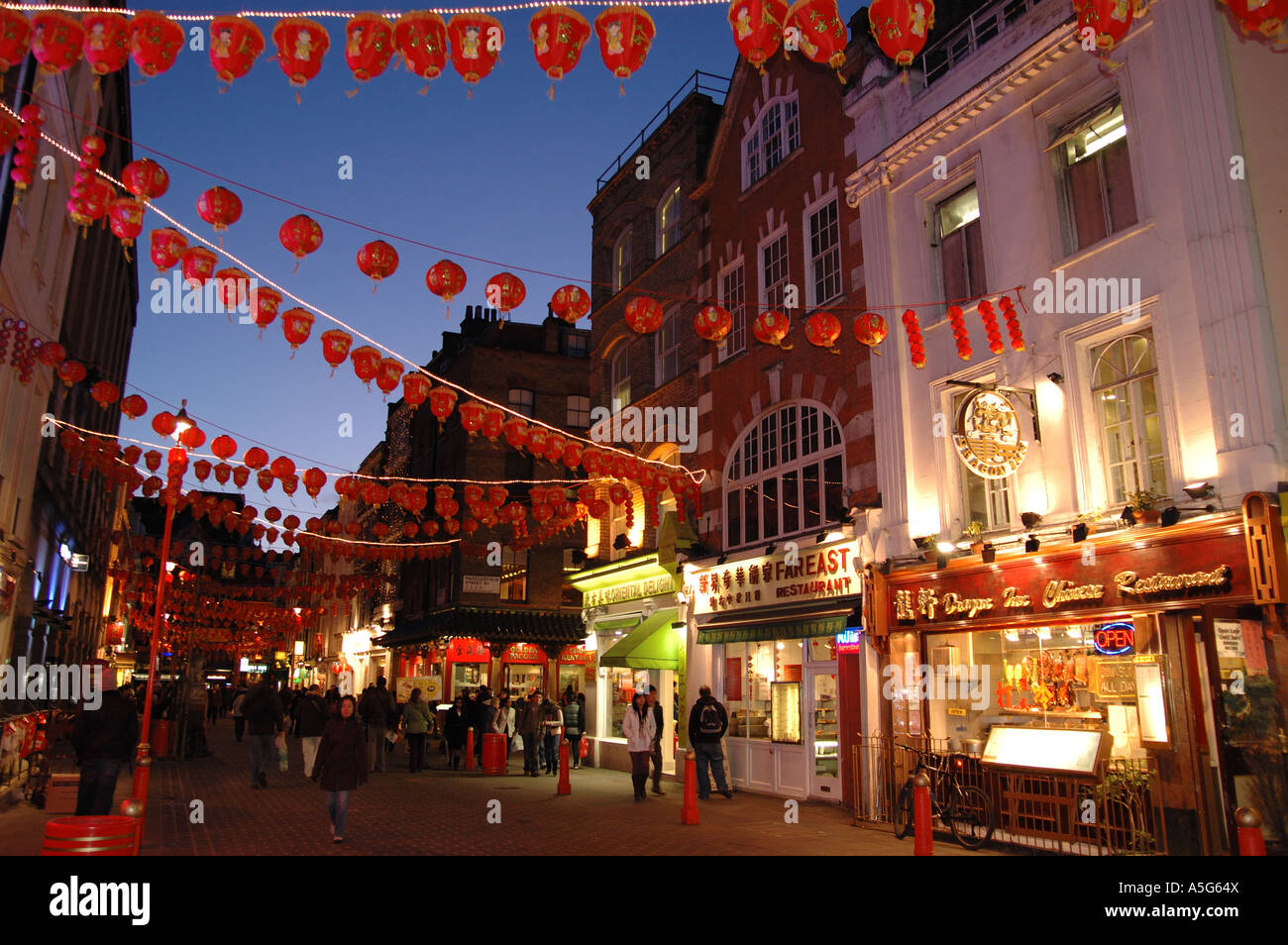 London Chinatown with festival lanterns at night Stock Photo - Alamy