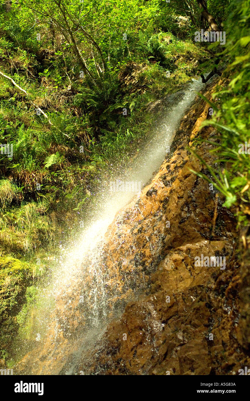 High drop waterfall bathed in golden sunshine slow shutter speed ...