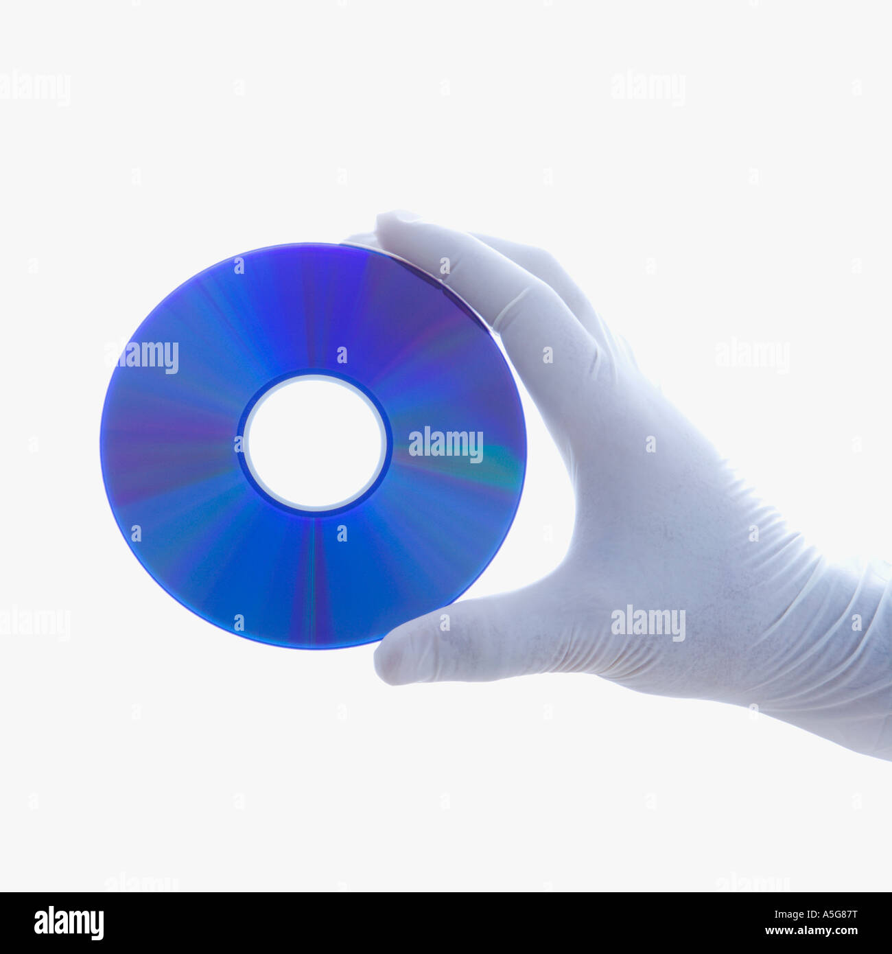 Hand in latex glove holding compact disc against white background Stock ...