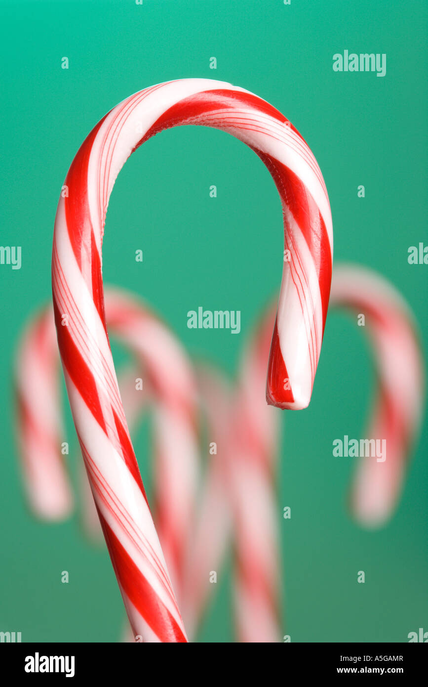 Still life of candy cane with blurred out candy canes in background ...