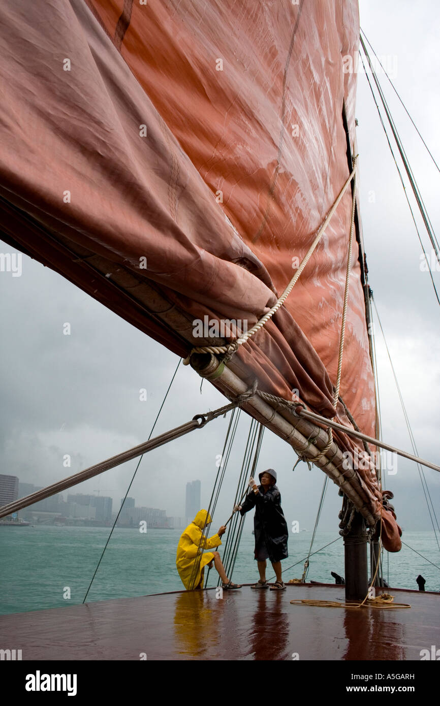 Hoisting Sails of Duk Ling Chinese Fishing Junk Hong Kong China Stock ...