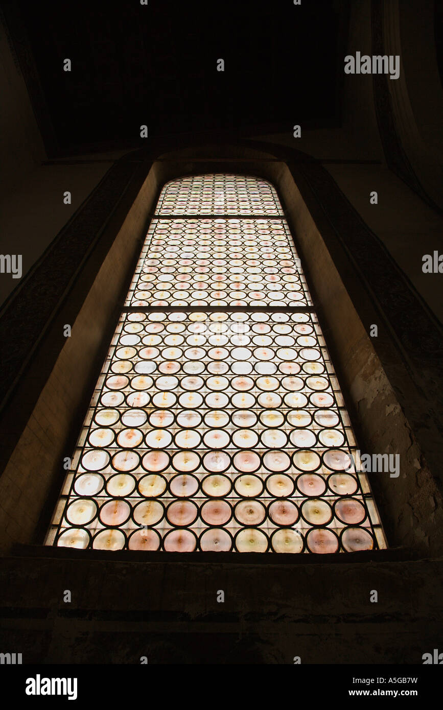 Indoor low angle view of stained glass window Stock Photo - Alamy