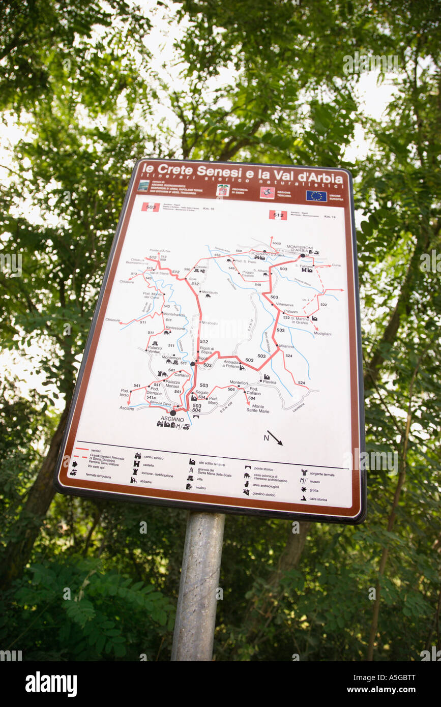 Sign with map showing routes in Tuscany Italy Stock Photo - Alamy