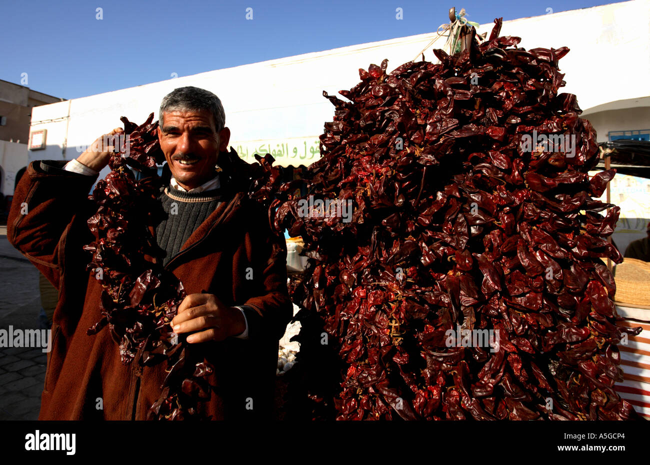 Horizontal portrait of friendly Douz market stall vendor, with ropes of ...