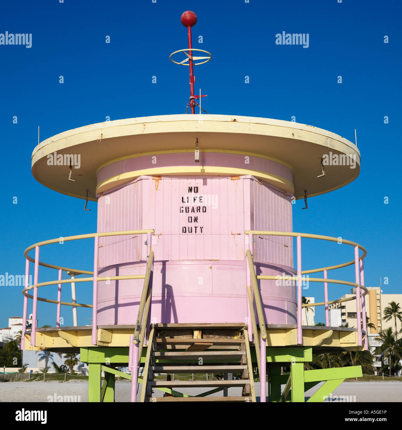 Pink art deco lifeguard tower closed up on beach in Miami Florida USA ...