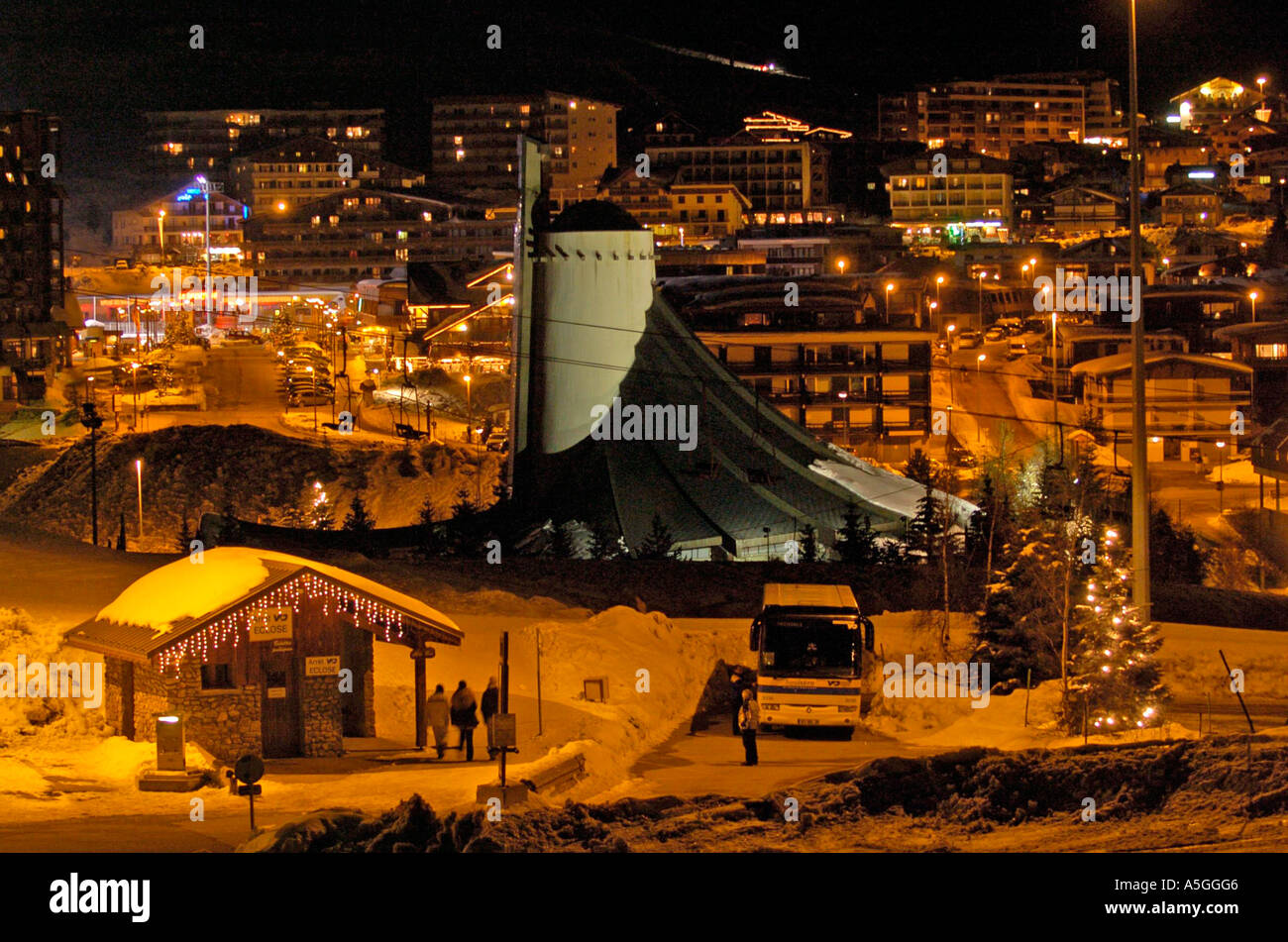 The Notre Dame des Neiges church at night in the French ski resort of ...