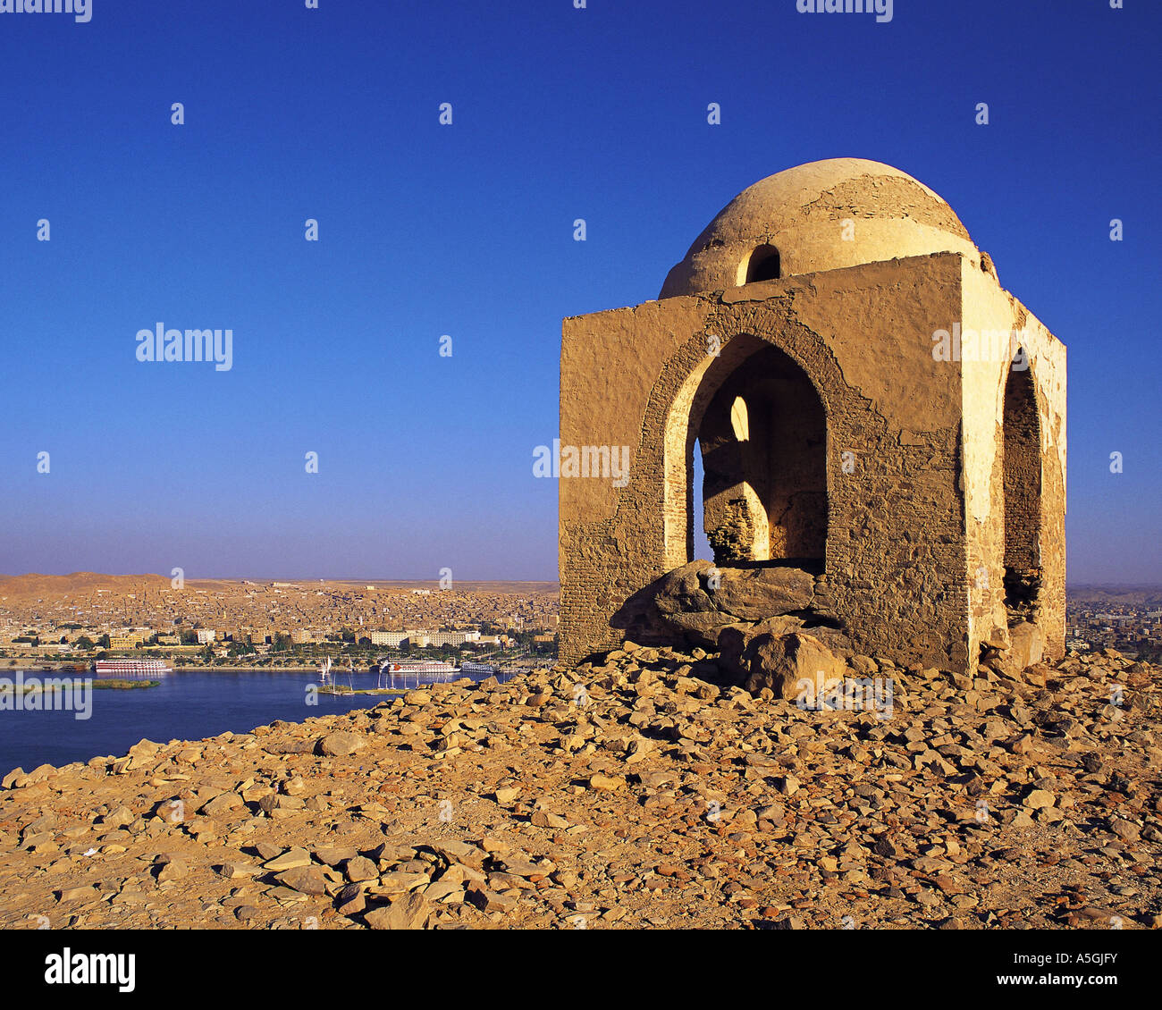 islamic shrine on a hilltop above the Nile, Egypt, Aswan Stock Photo ...