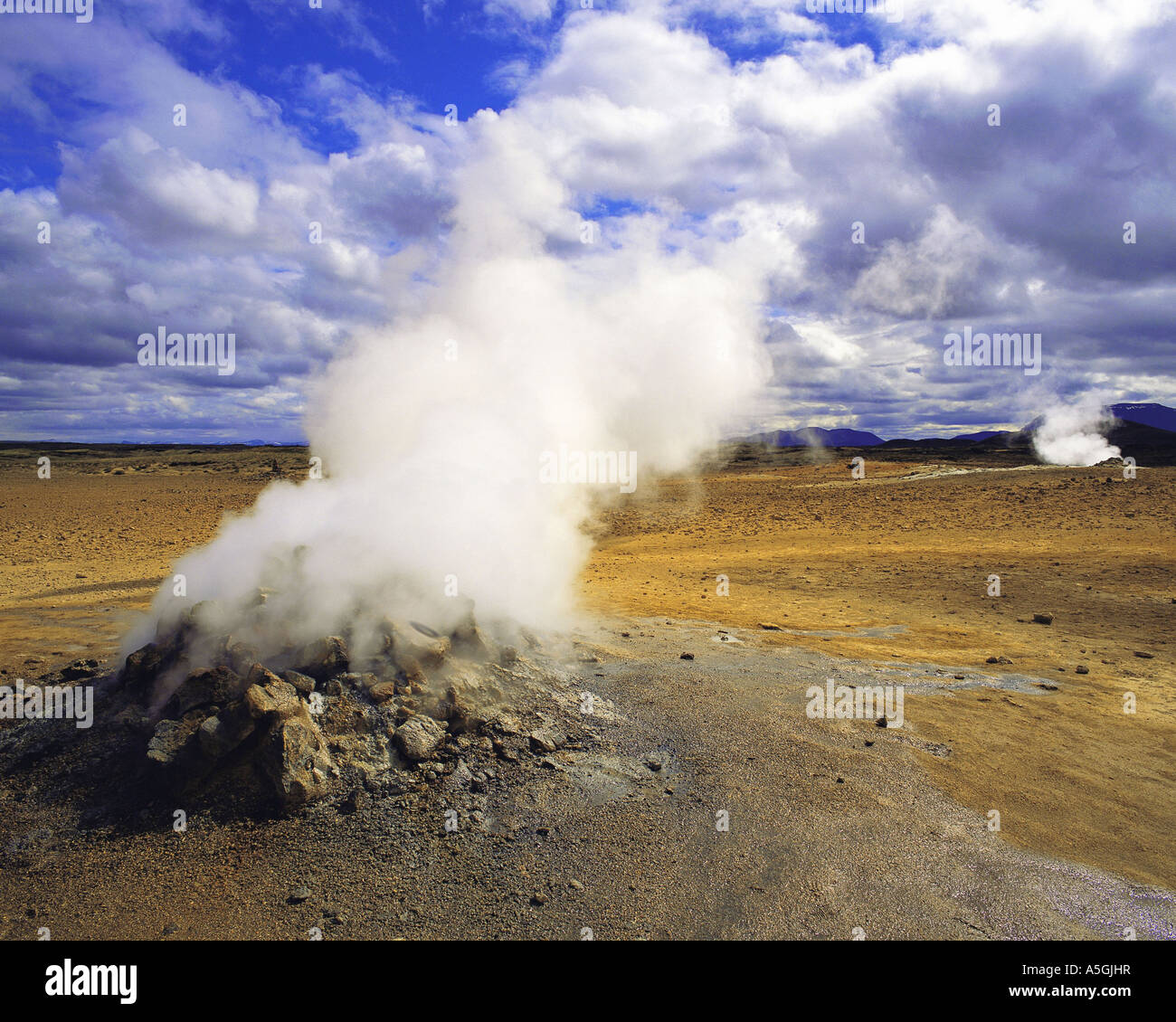 Geothermal landscape at Myvatn, with smoking fumaroles, Iceland Stock ...