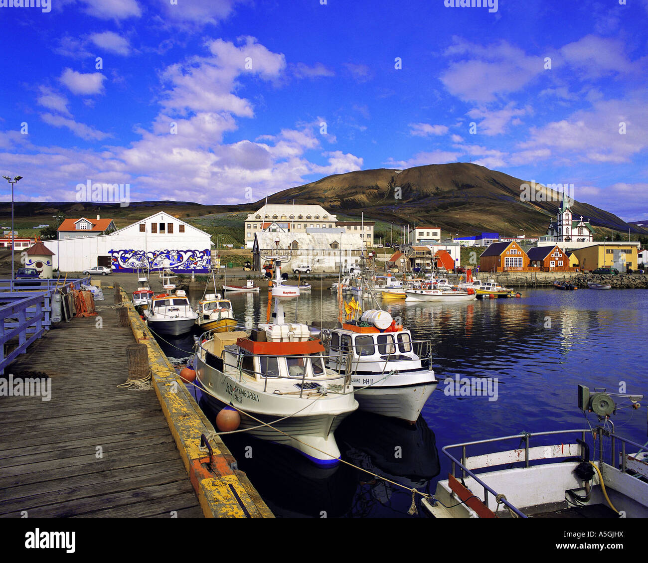 Fisher boats in the harbour of Husavik, Iceland, Husavik Stock Photo ...