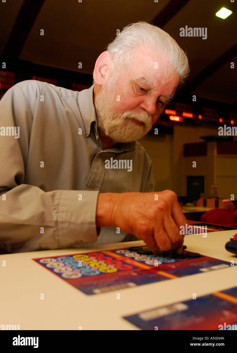 Elderly man aged 70 playing bingo in Fulham, west London, UK Stock ...