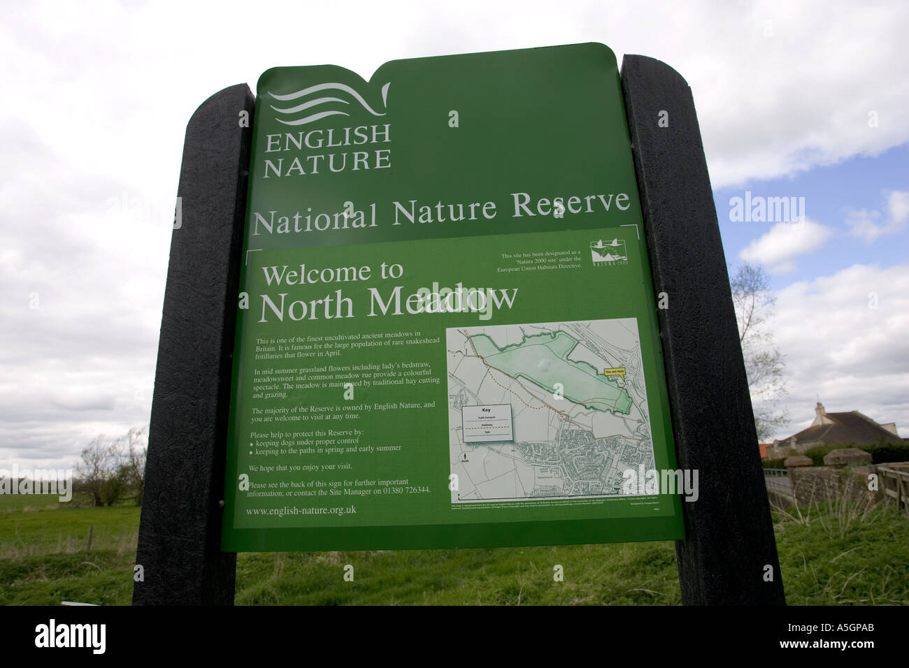 SSSI signboard for North Meadow National Nature Reserve fritillary ...