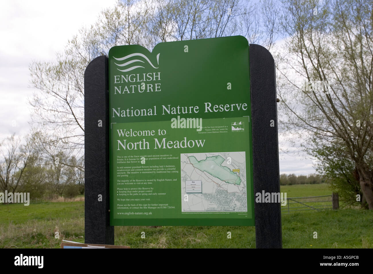 SSSI signboard for North Meadow National Nature Reserve fritillary ...
