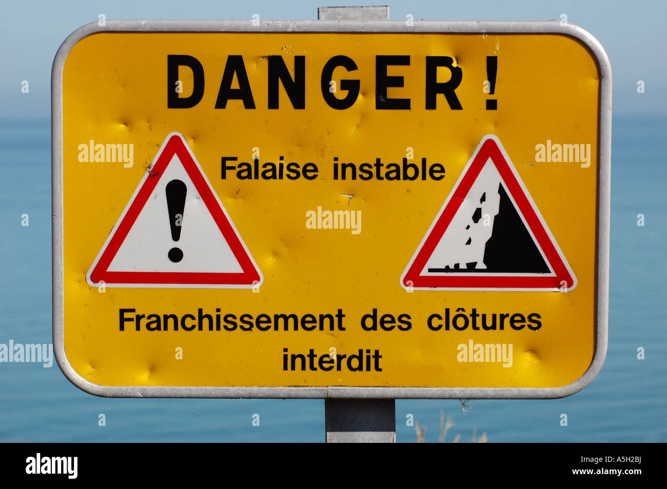 Dieppe Normandy France Danger Rock fall sign Stock Photo - Alamy