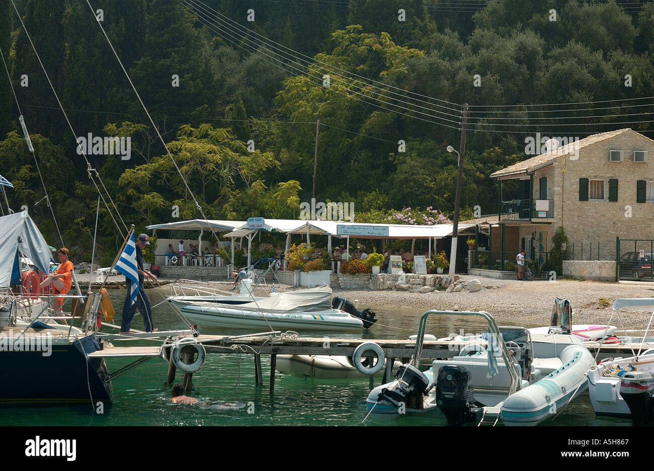 Greek taverna restaurant in port Greece Stock Photo - Alamy