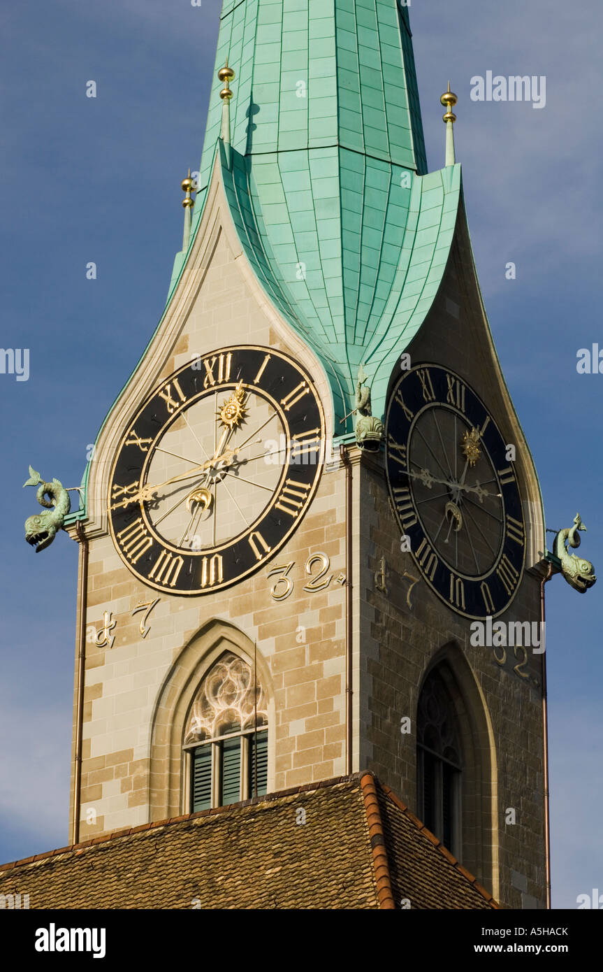Zurich, Switzerland. The clock tower of the Fraumunster Church Stock ...