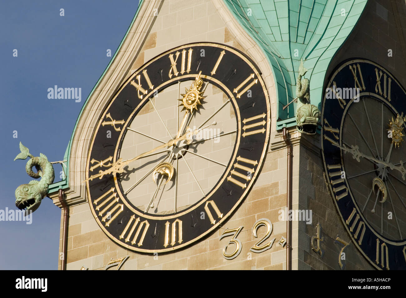 Zurich, Switzerland. The clock tower of the Fraumunster Church Stock ...
