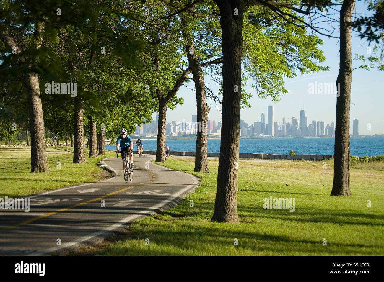 ILLINOIS Chicago Runners and bicyclists use paved path among trees ...