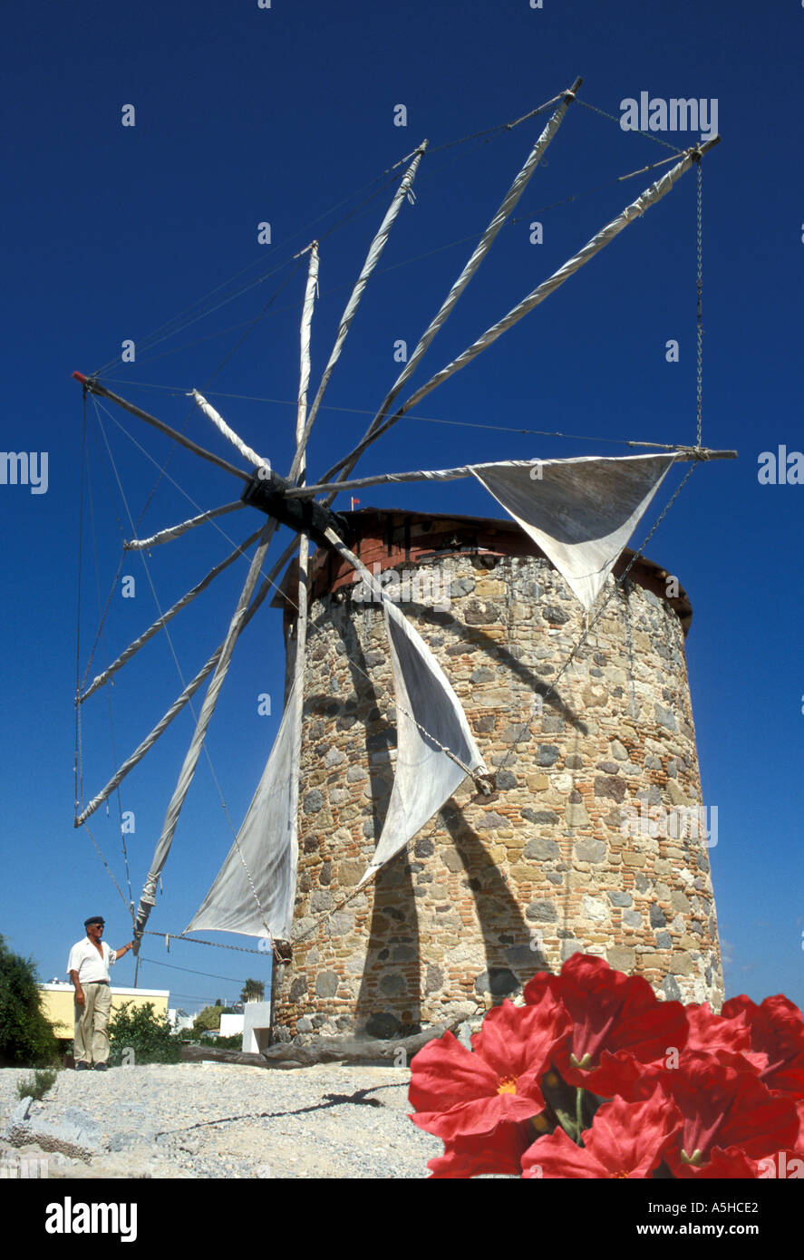 Traditional historic Greek windmill with canvas sails Kos island Greece ...