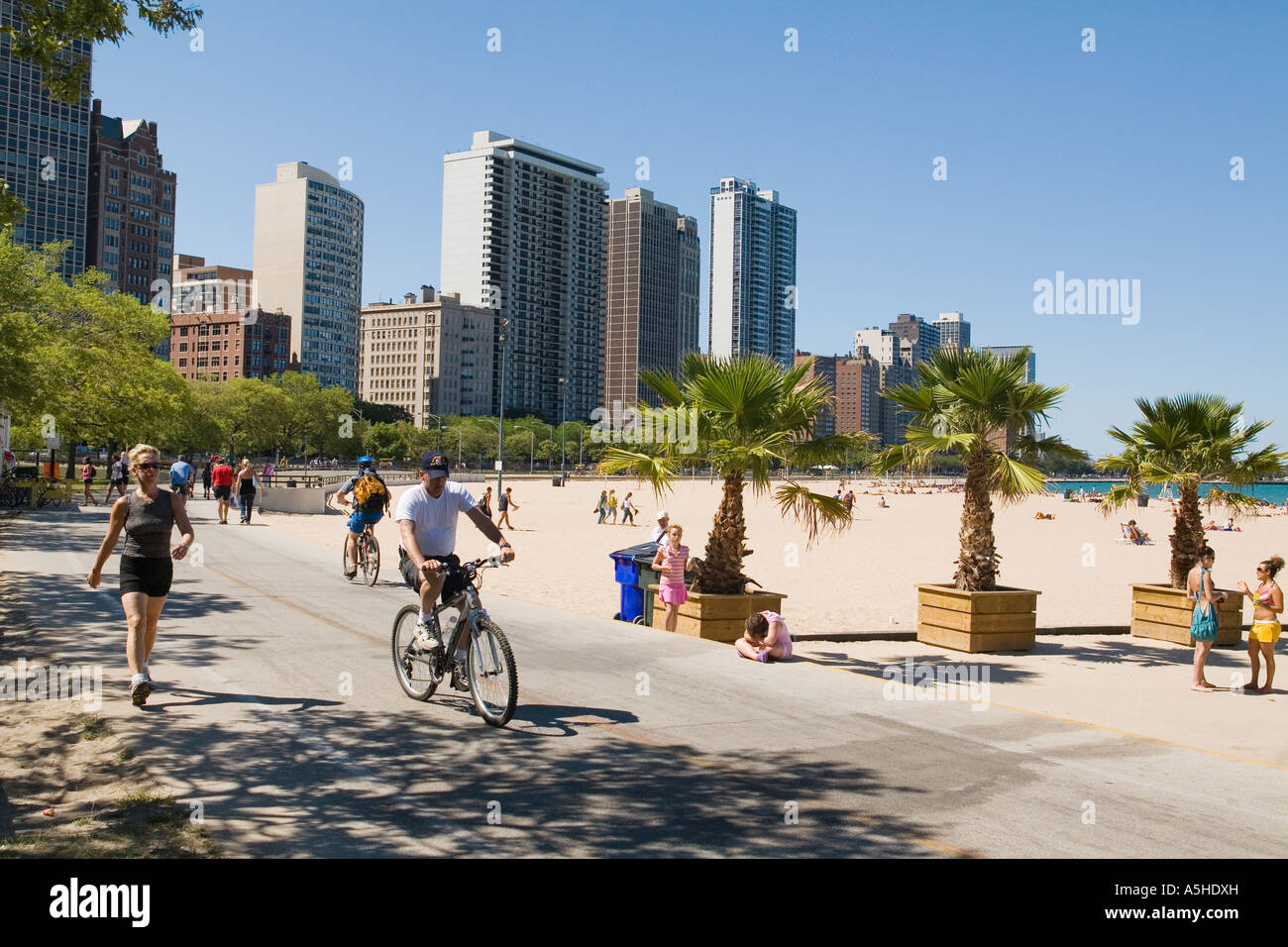 ILLINOIS Chicago Bicyclist and woman walking on paved lakefront bike ...