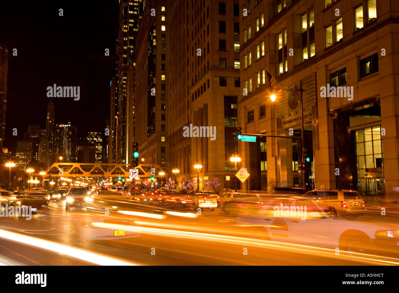 ILLINOIS Chicago Blurred motion of traffic on Wacker Drive at night ...