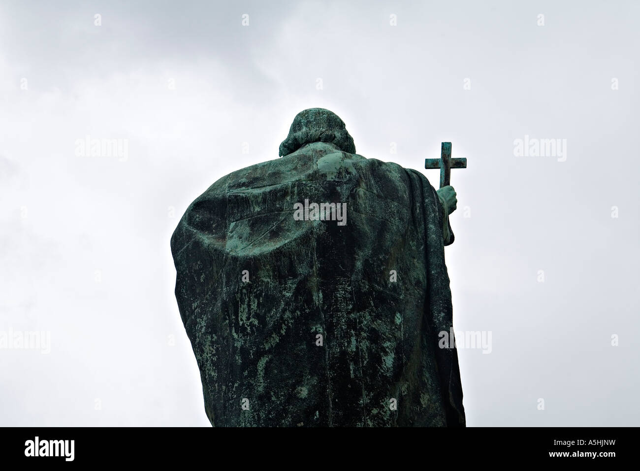 HUNGARY Budapest Stone statue of St Gellert holding cross on the hill ...