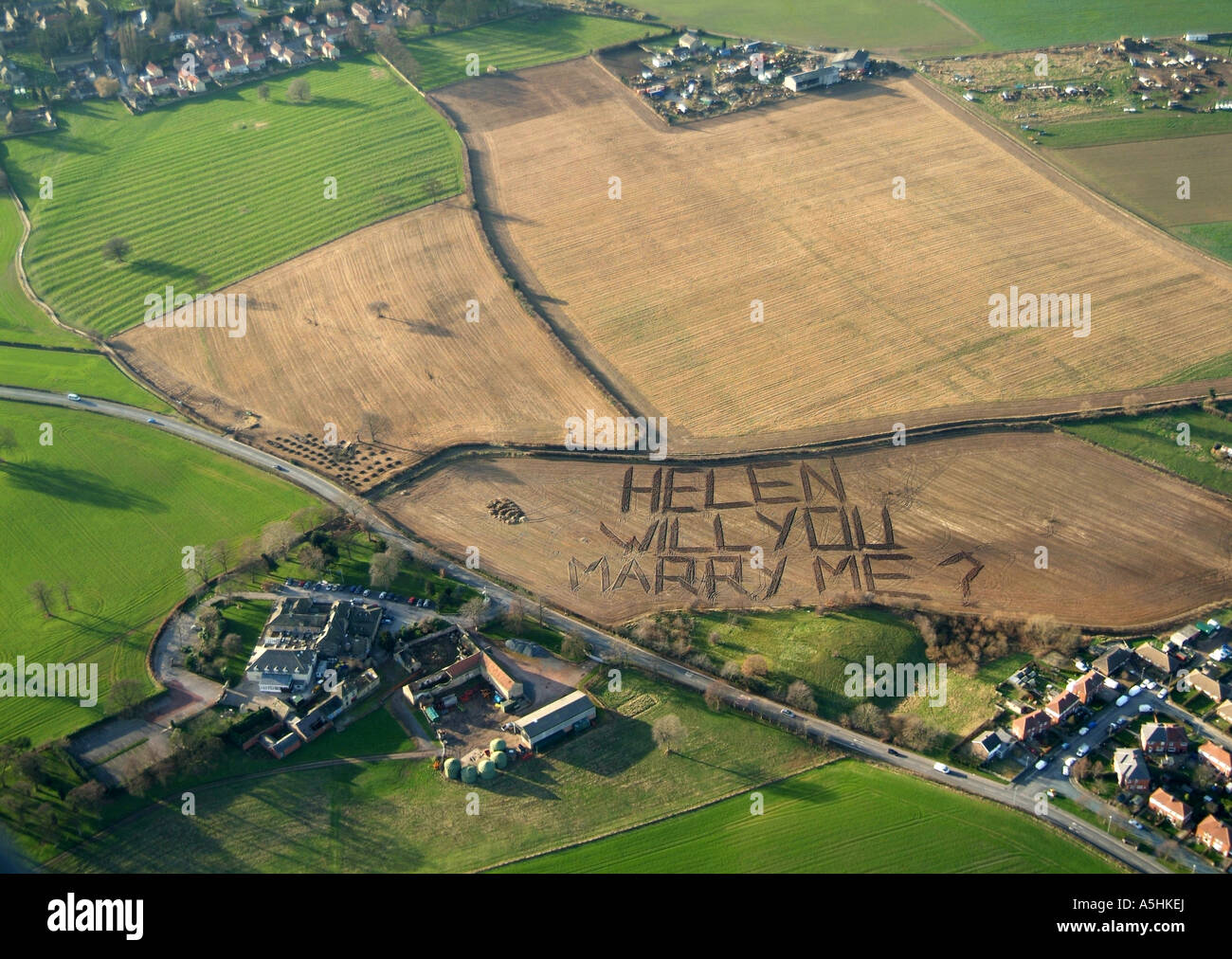 Marriage proposal written in a field, aerial view Stock Photo - Alamy