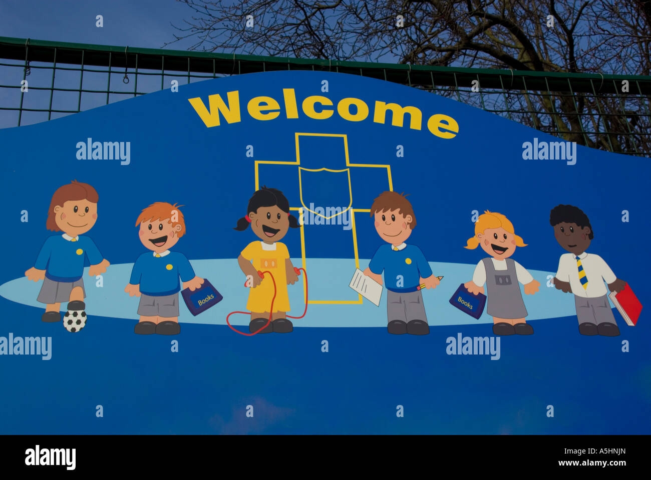 multinational multiethnic welcome signpost school Stock Photo - Alamy