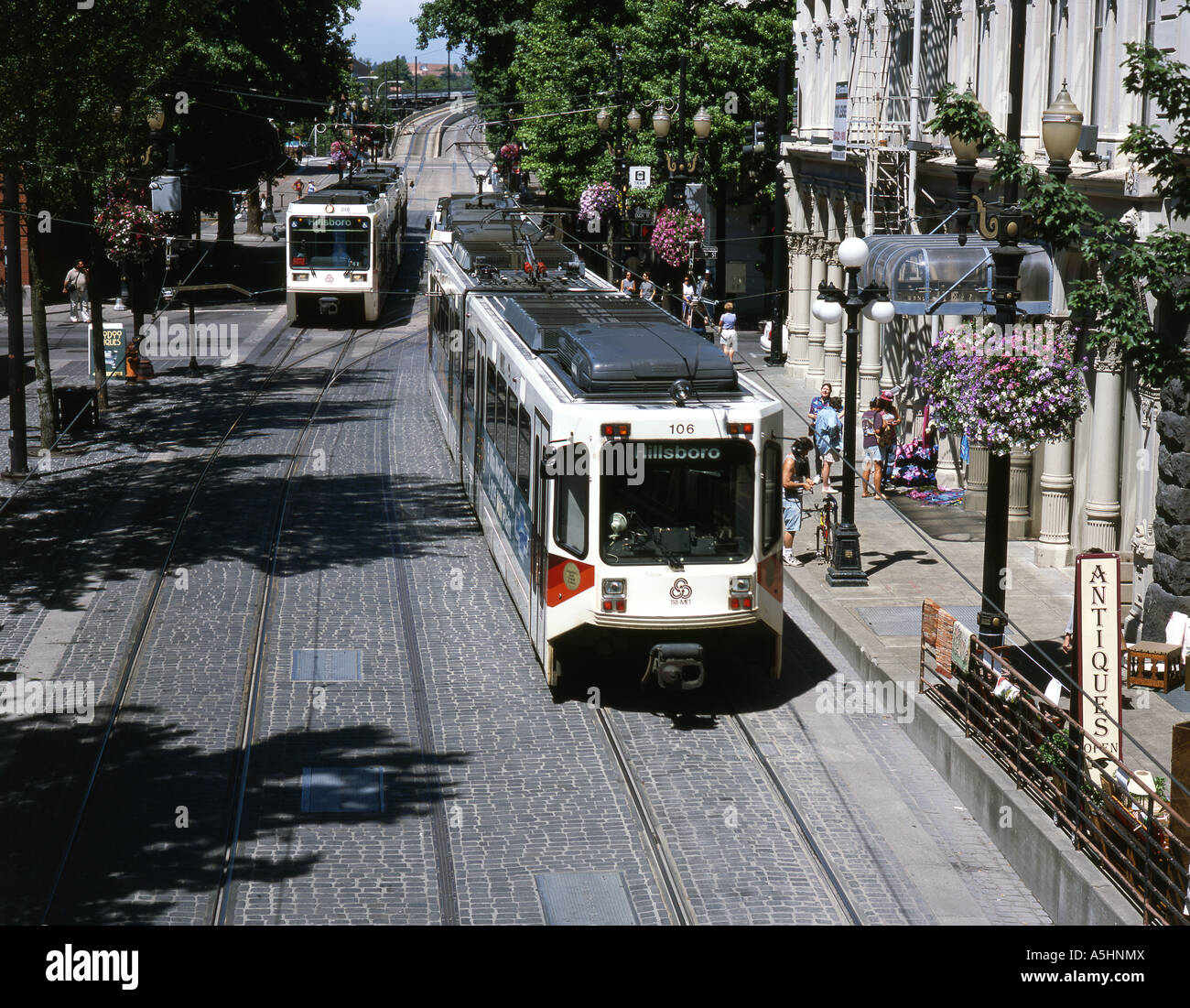 Portland's light rail line runs through the Old Town District Stock ...