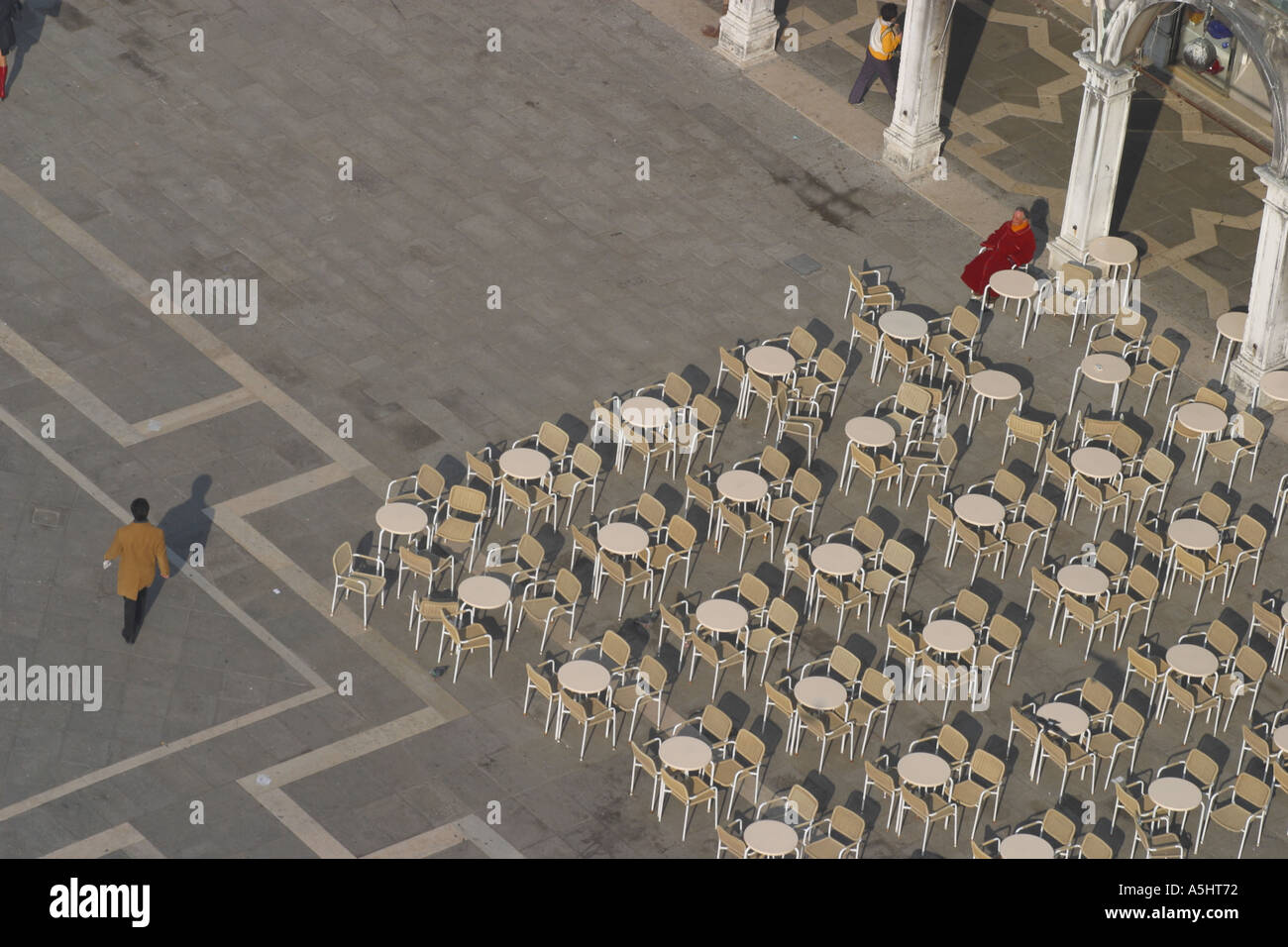 Venice Italy Aerial view of St Marks Square showing rows of empty cafe ...