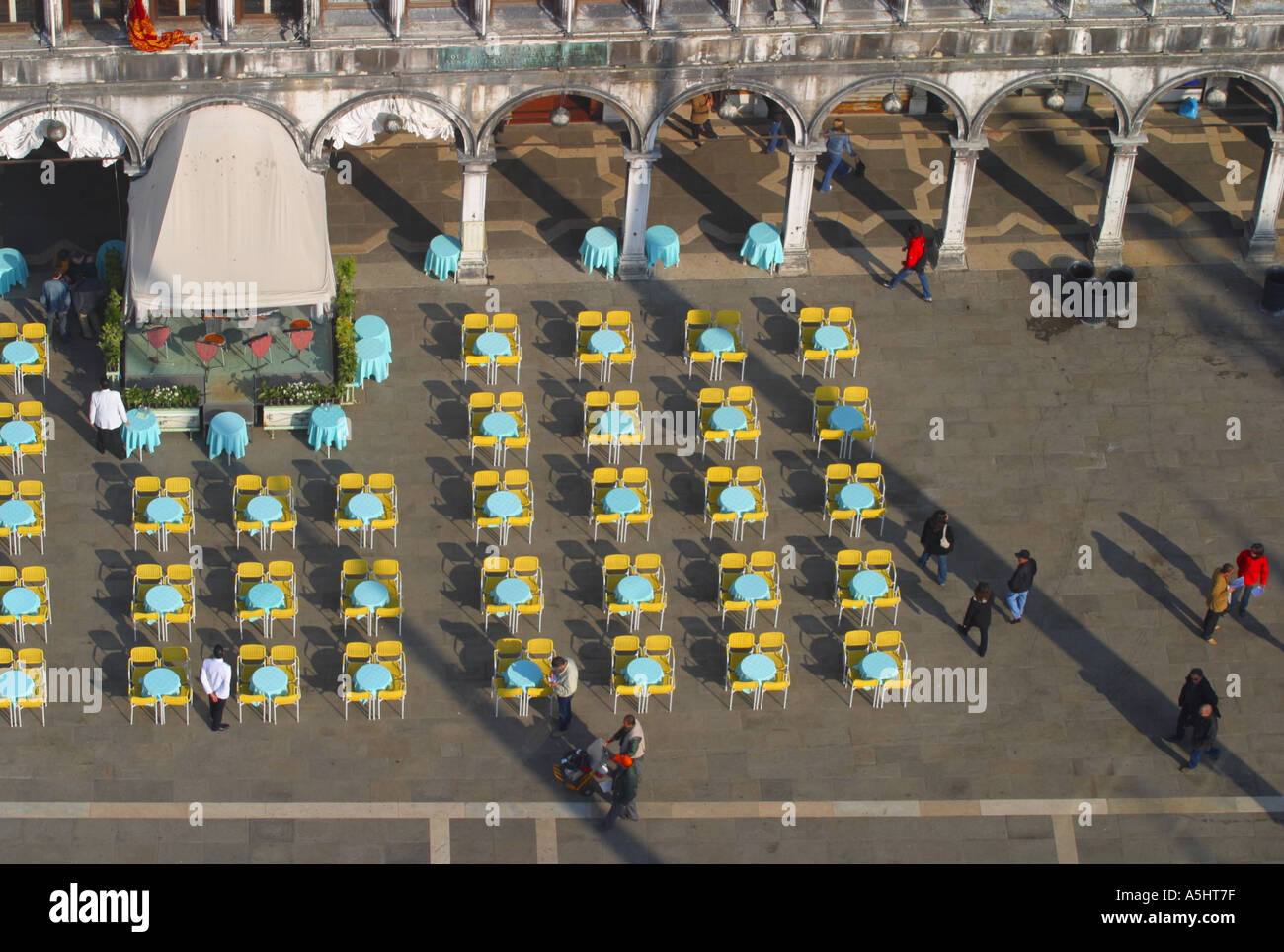 Venice Italy Aerial view of St Marks Square showing rows of empty cafe ...